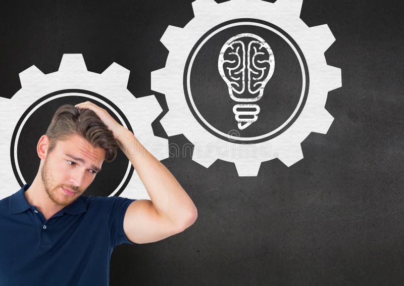 Confused Man with Gear Icons on Black Background Stock Illustration ...