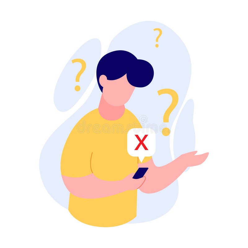 Confused Man Holding Phone with Question Mark and Cross Bubble, Vector ...