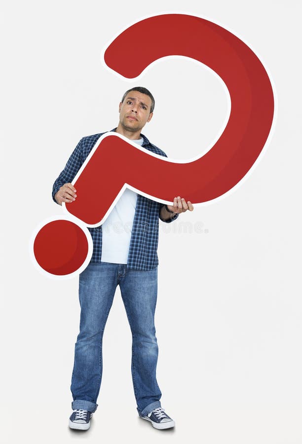 Confused Man Holding a Question Mark Icon Stock Image - Image of male ...