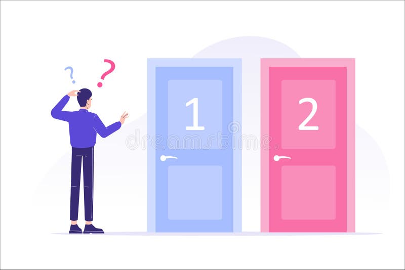 Confused Man Standing Near Two Doors. Difficult Choice between Two ...