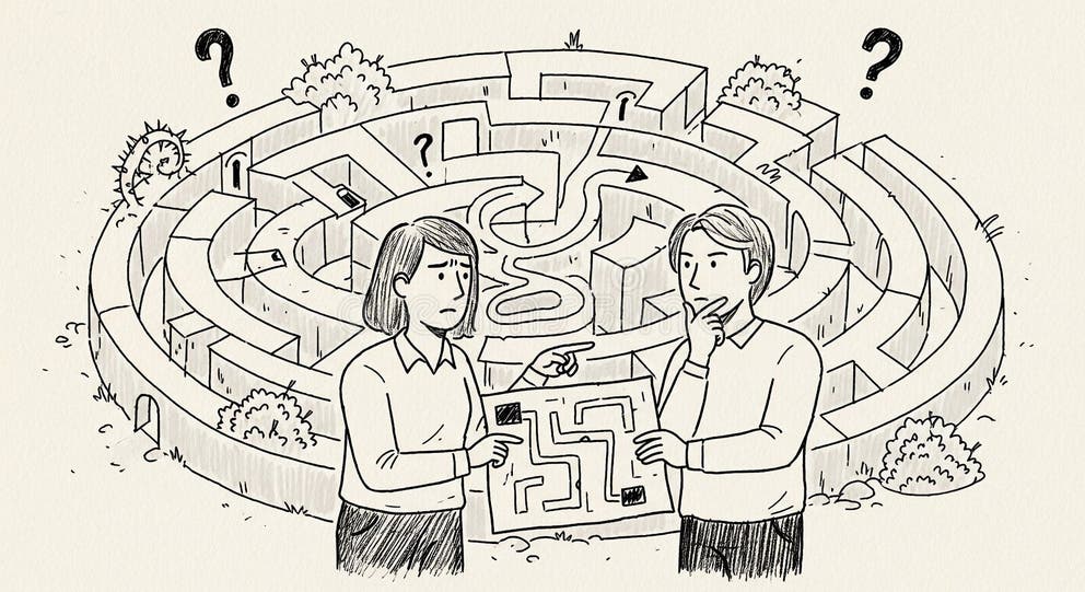 Confused Man and Woman Pondering a Complex Maze, Symbolizing Strategy ...