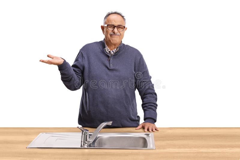 Confused Mature Man Behind a Kitchen Sink Stock Image - Image of good ...