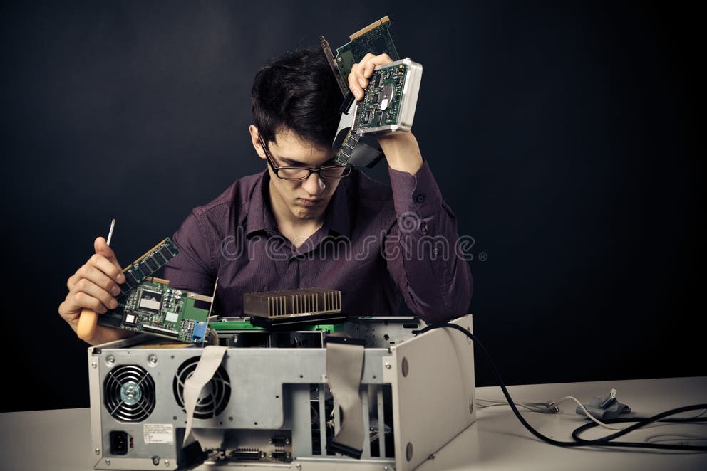 Confused Nerd with Lots of Hardware Stock Image - Image of professional ...