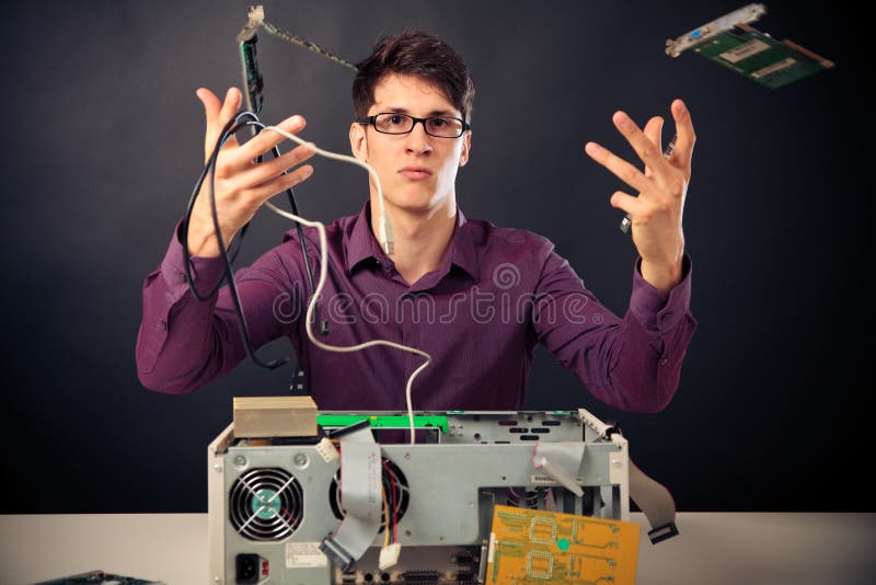 Nerd with Smoke Coming Out of His Pc Stock Photo - Image of shocked ...