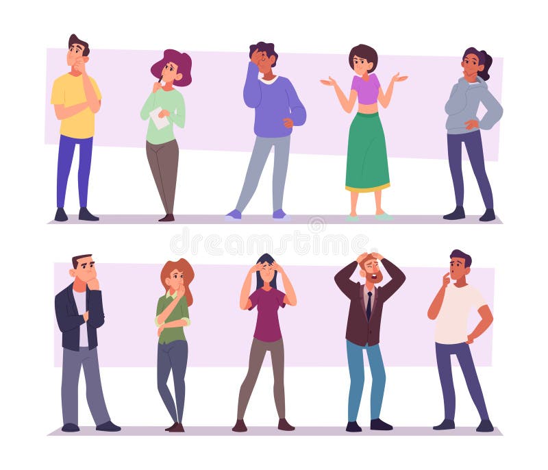 Confused People. Characters Standing and Uncertain Thinking Exact ...