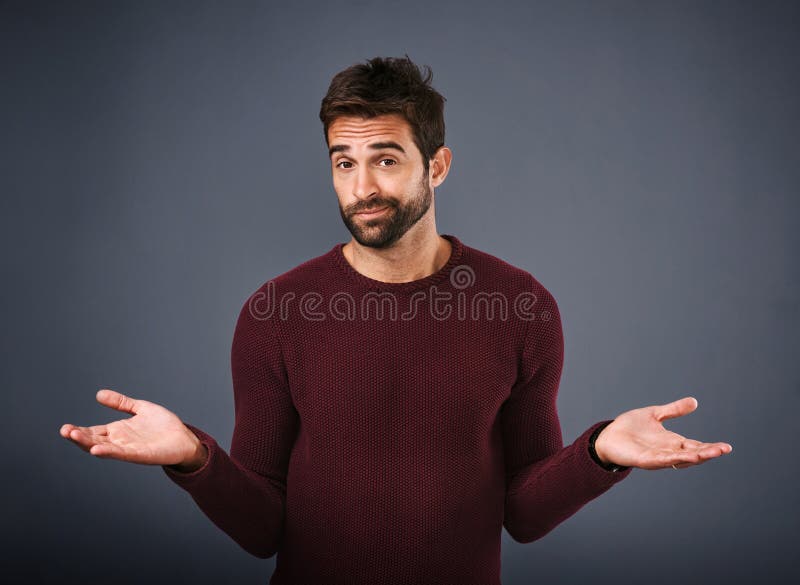Confused, Portrait and Man in Studio, Question and Space with Hands ...