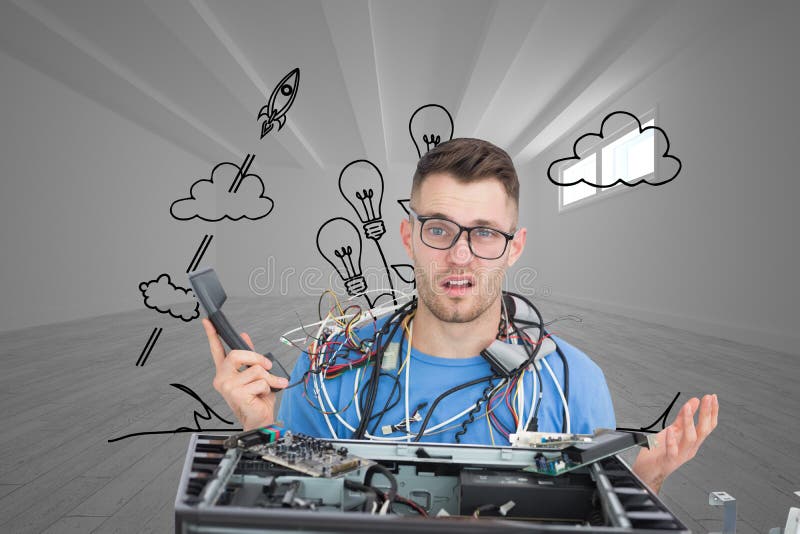 Confused it Professional with Cables and Phone in Front of Open Cpu ...