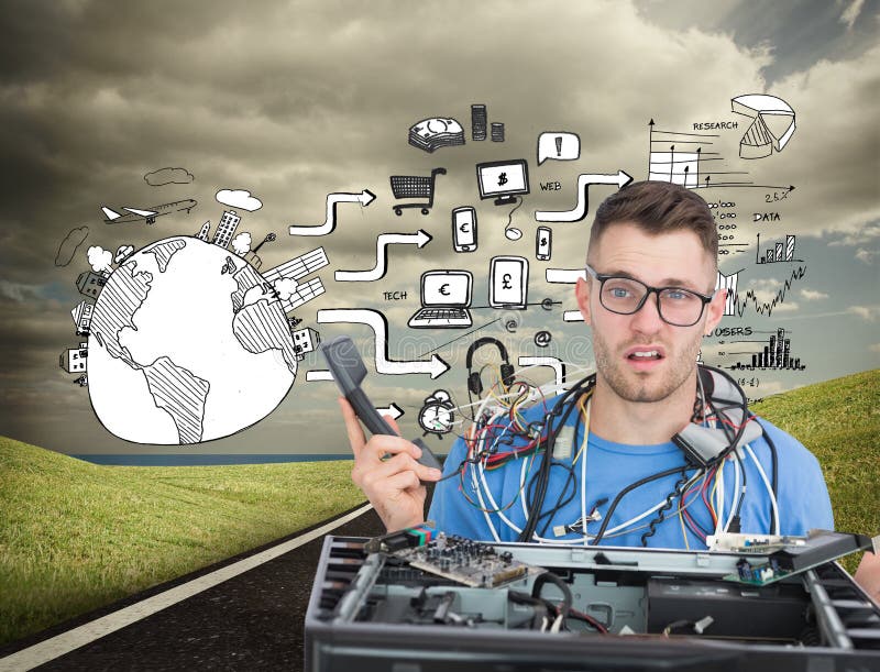 Confused it Professional with Cables and Phone in Front of Open Cpu ...