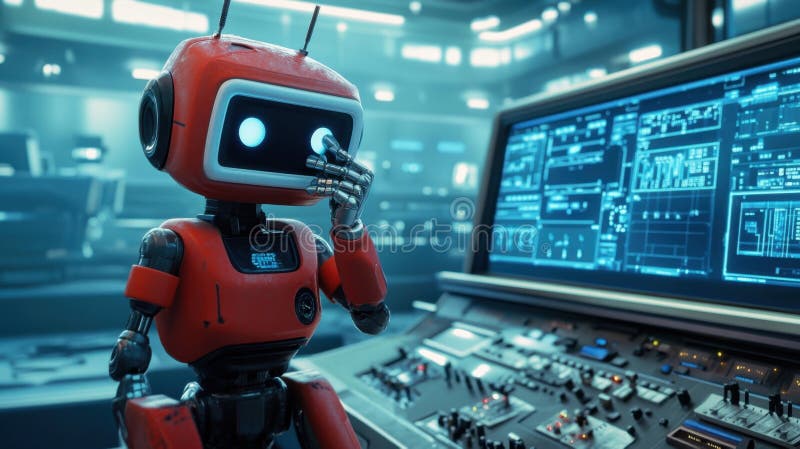 Confused AI Robot Thinking with Hand on Chin Stock Vector ...