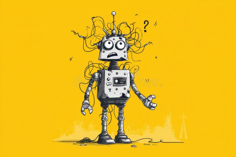 Confused Robot Standing Amidst Loose Wires in a Bright Background with ...