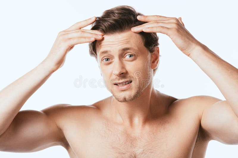 Shirtless Man Touching Hair on Stock Photo - Image of confused, touch ...