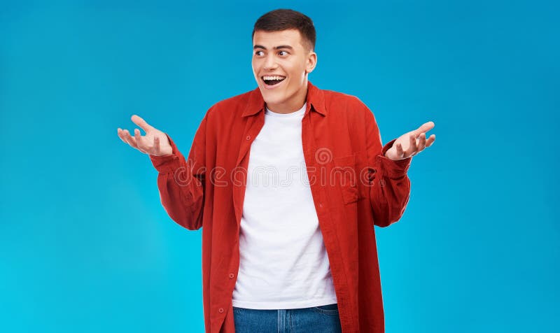 Confused, Shrug and Young Man in a Studio with Options, Decision or ...