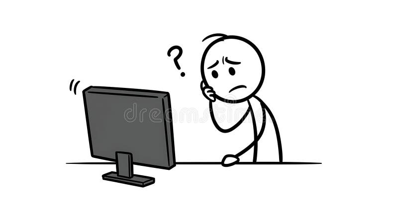 Confused Stick Figure Looking at Computer Screen with Question Mark ...