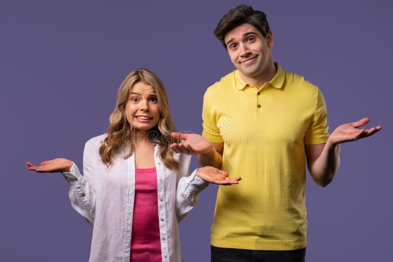 Confused Man Woman, Couple Shoulders Up - Can T Help, Makes Gesture of ... Confused Man Woman, Couple Shoulders Up - Can T Help, Makes Gesture of ...