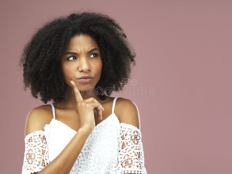 Confused, Thinking and Black Woman with Question in Studio with Ideas ...