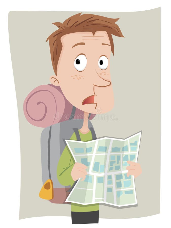 Tourist Man Confuse at Cross Road with Map in Hand Stock Vector ...