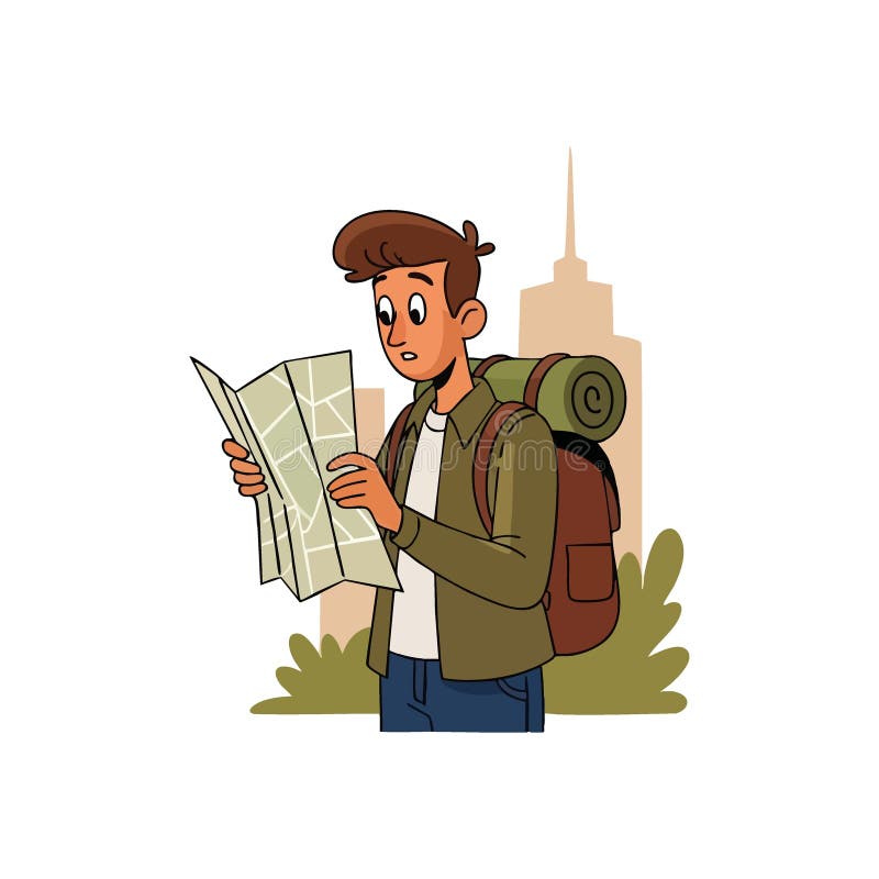 (Confused Traveler Reading Map. a Perplexed Backpacker Struggles To ...