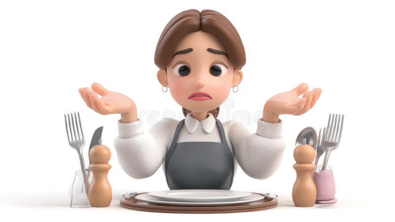 Confused Waitress with Empty Plate, Restaurant Service, 3D Cartoon ...