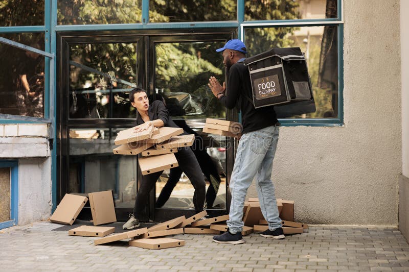Confused Woman Catching Falling Pizza Boxes Stack Stock Photo - Image ...