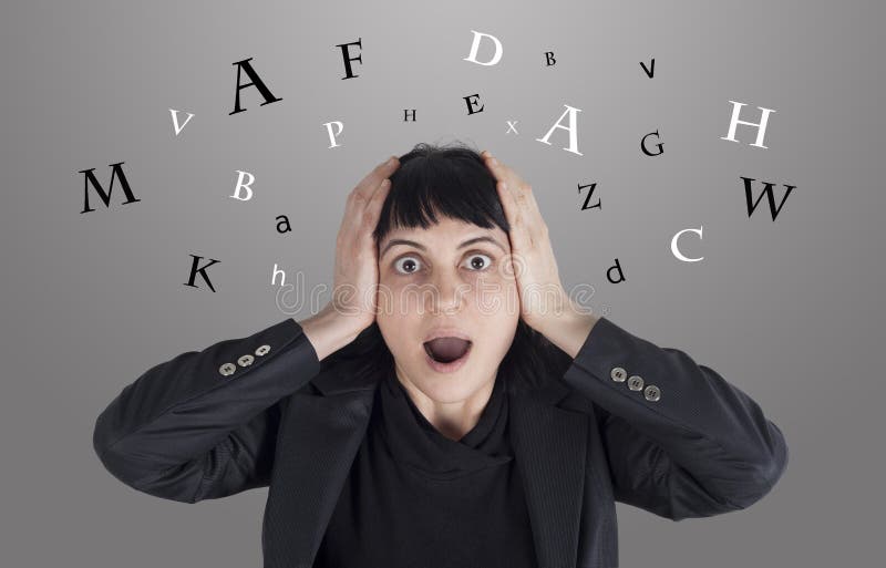 Confused Woman with Letters Around Her Head Stock Photo - Image of ...
