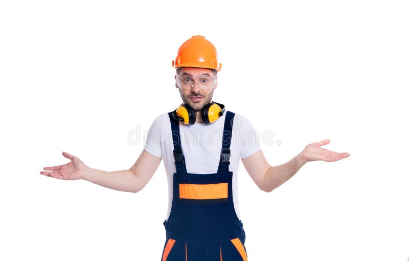 Confused Worker Man Isolated on White Background. Worker Man in Studio ...