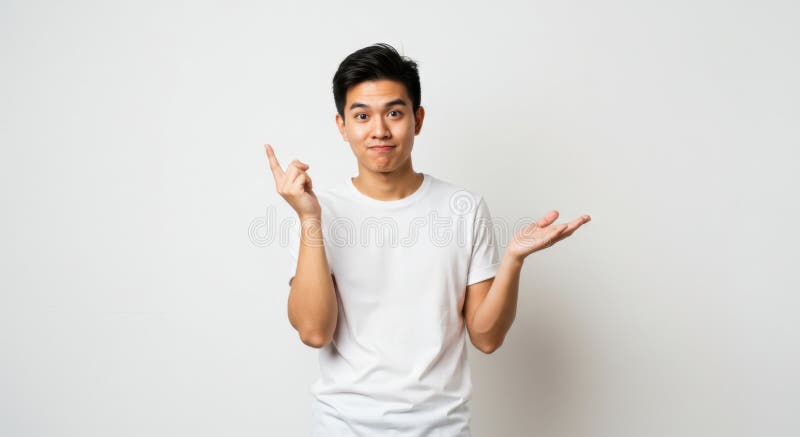 Confused Young Asian Man in White Shirt Making a Questioning Gesture on ...