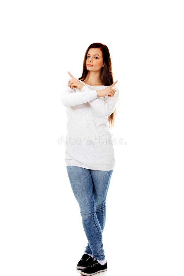 Confused Young Woman Pointing Fingers Two Different Directions Stock ...