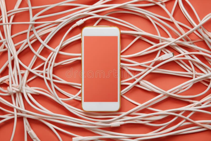 Confusing Tangle of Charging Cables Surrounding a Silent Smartphone on ...