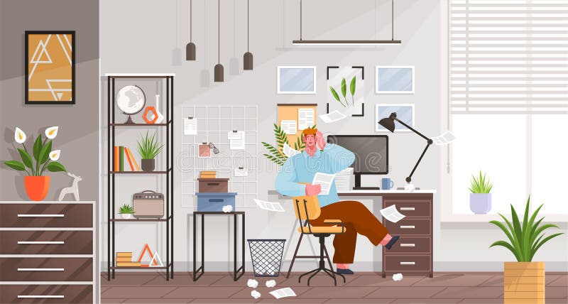 Confusion and Mess. Stressed Man Office Worker Spreading Paper. Tired ...