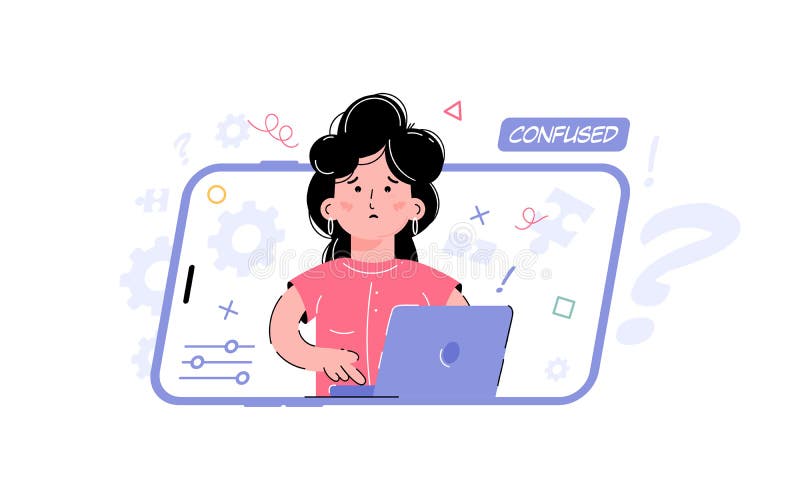 Confusion Theme. Confused Girl Works at a Computer. Element for the ...