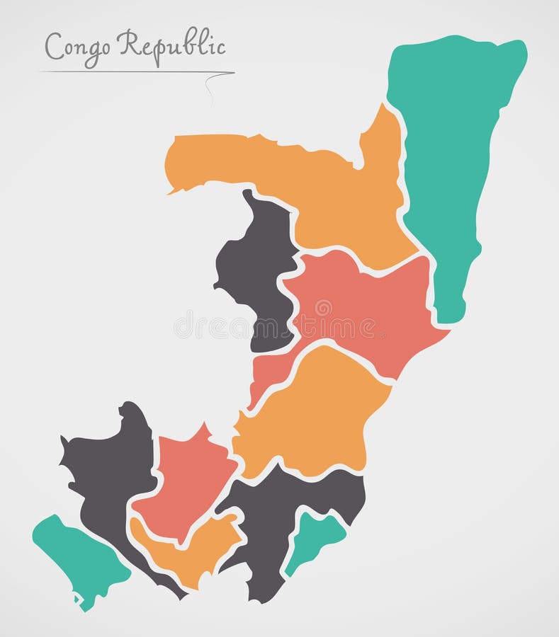 Congo Republic Map with States and Modern Round Shapes Stock ...