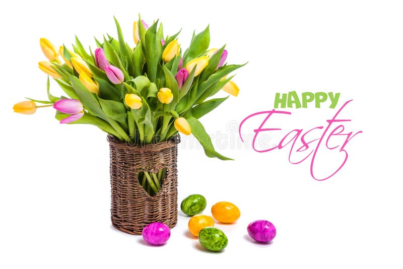 Congratulations on Easter. Still Life of Tulips and Eggs Stock Image ...