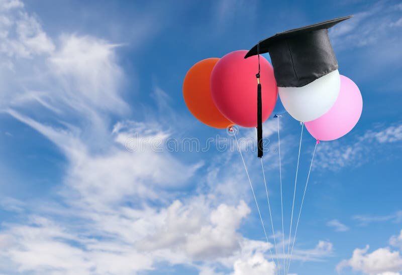 Congratulations Graduates on Top of Balloons with Blue Sky Background ...