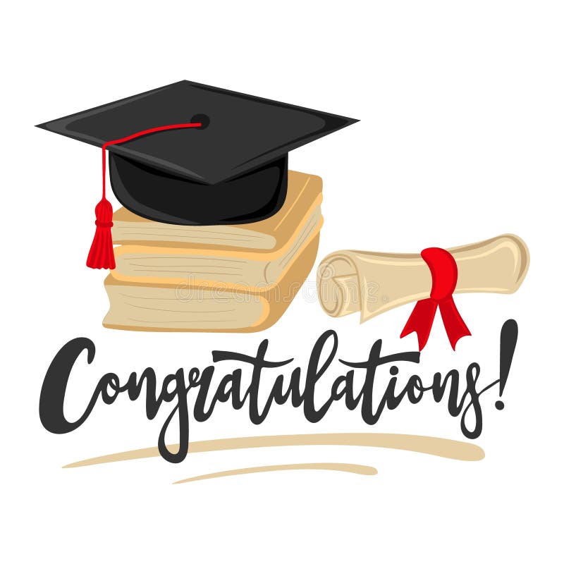 Congratulations. Handwritten Text with Graduation Cap, Books and Scroll ...