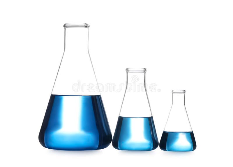 Conical Flasks with Blue Liquid Isolated. Laboratory Glassware Stock ...