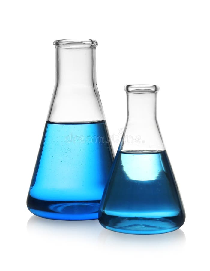 Conical Flasks with Blue Liquid. Laboratory Glassware Stock Photo ...