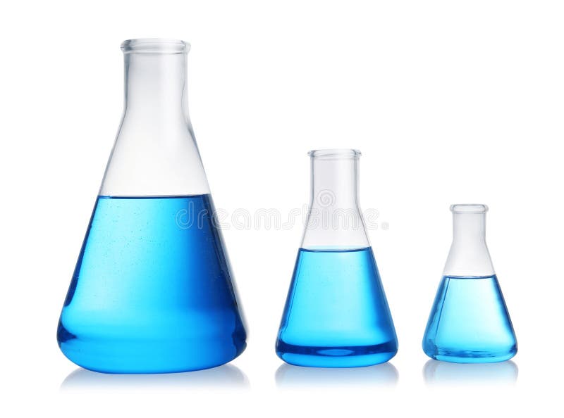 Conical Flasks with Blue Liquid on Background. Laboratory Glassware ...