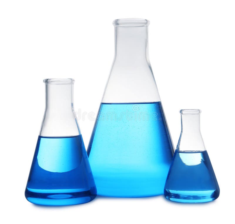 Two Flasks with a Blue Liquid in Their Hands, on White Stock Image ...