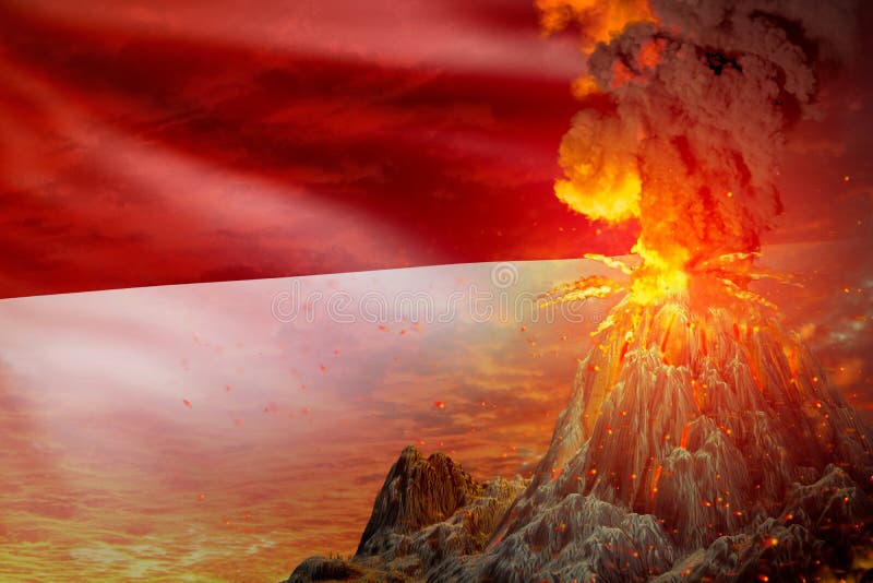 Conical Volcano Blast Eruption at Night with Explosion on Monaco Flag ...