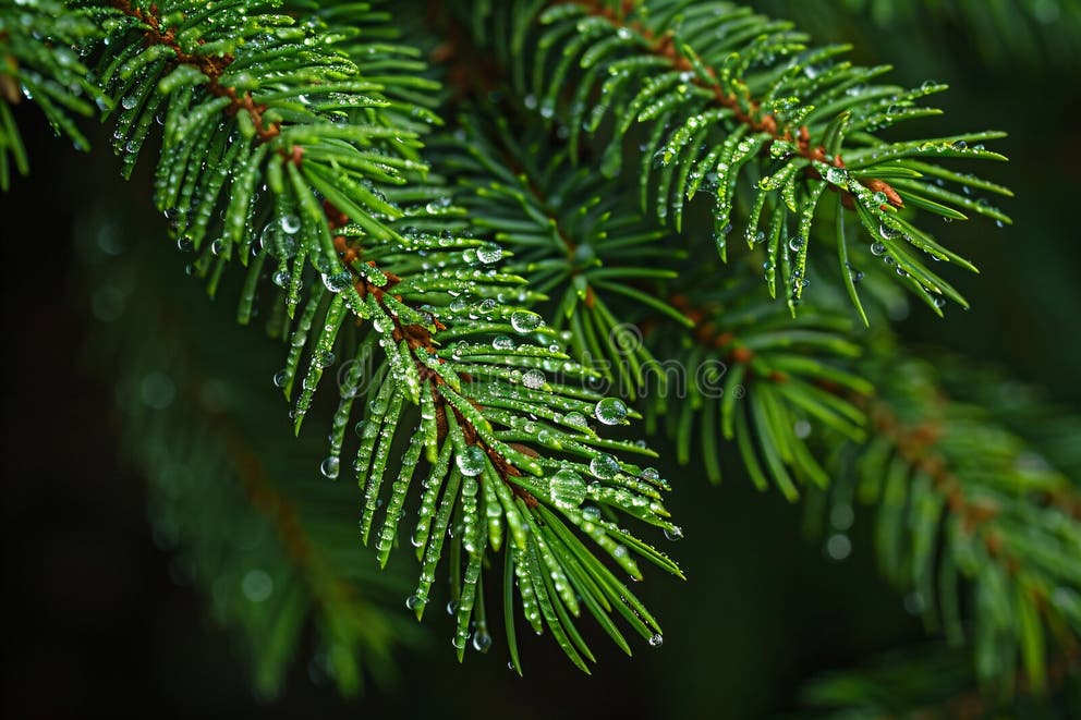 Conifer Evergreen Pine Tree Branches with Dew Water Drops. Stock ...