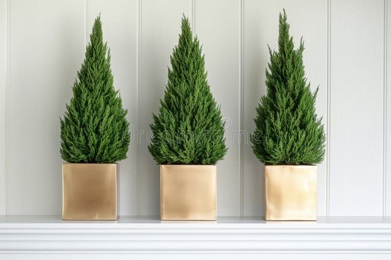 Conifers in Golden Pots on a White Shelf. Stock Illustration ...