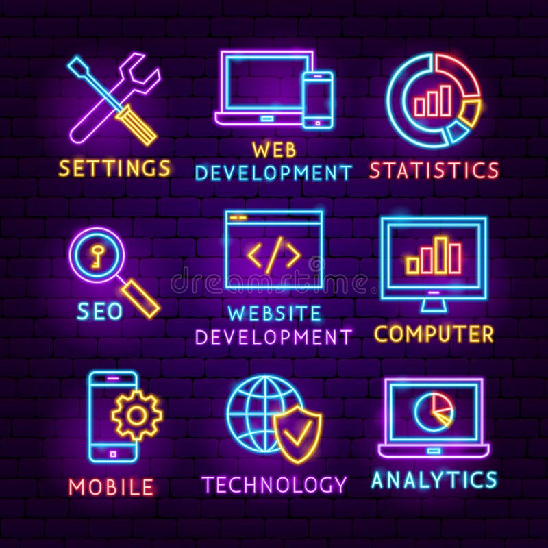 Conjunto De Etiquetas Neon Development Web Ilustración del Vector ...
