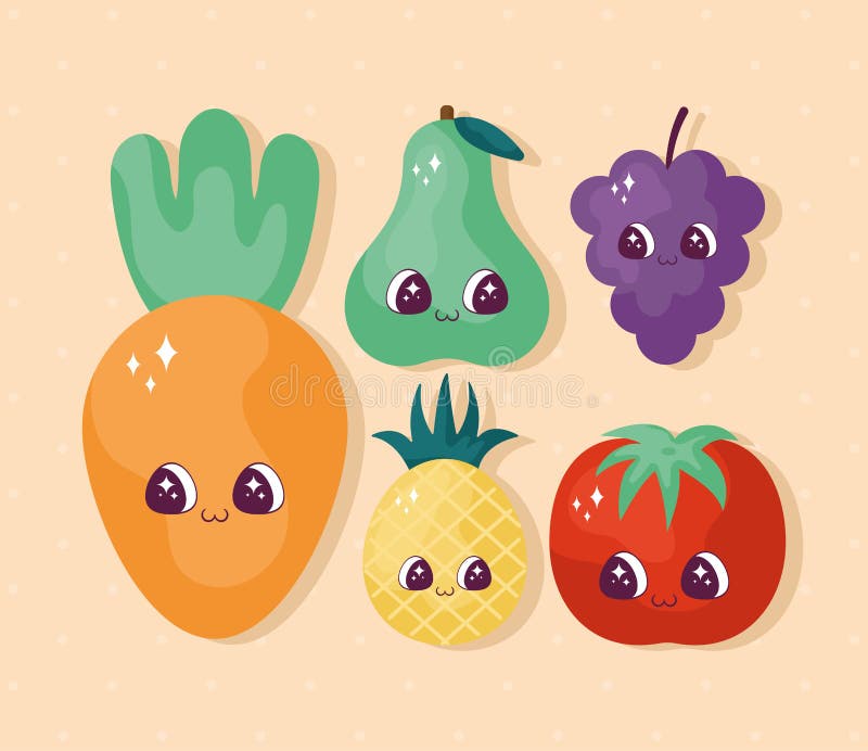 Conjunto de frutas kawaii ilustración del vector. Ilustración de hoja ...