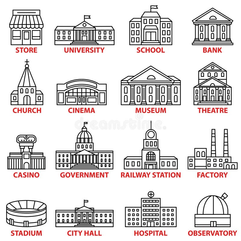 Conjunto De Iconos De Edificios Gubernamentales. Ilustraciones De Contorno Aislado Vectorial ...