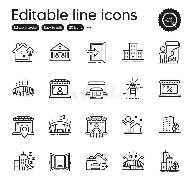 Conjunto De Iconos De Esquema De Edificios. Contiene Iconos Como Edificio De Tribunales De ...