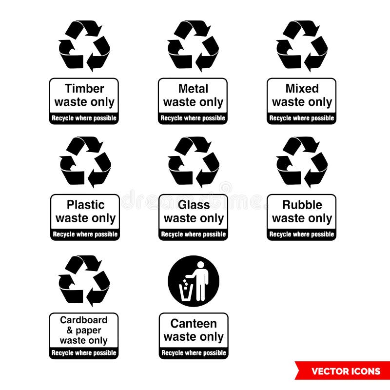 Conjunto De Iconos De Signos De Residuos Y Reciclado De Tipos Blanco Y