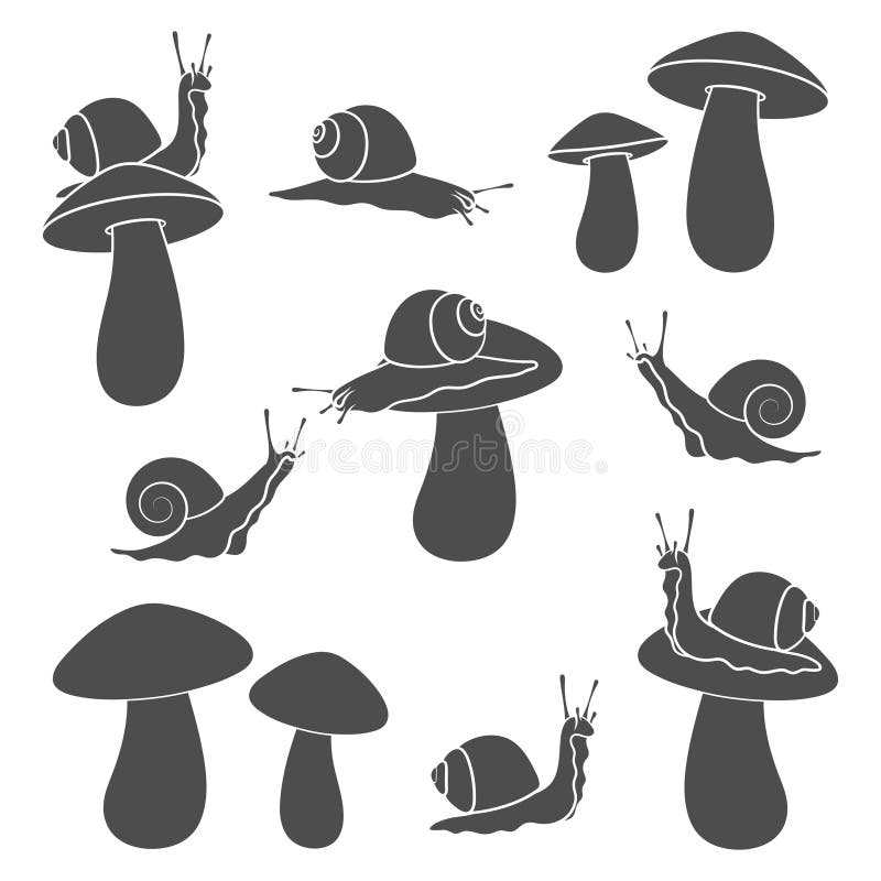 Conjunto De Ilustraciones En Blanco Y Negro Con Caracoles Y Hongos ... Conjunto De Ilustraciones En Blanco Y Negro Con Caracoles Y Hongos ...