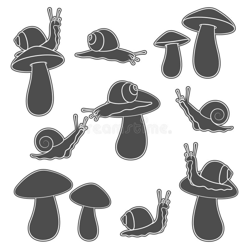Conjunto De Ilustraciones En Blanco Y Negro Con Caracoles Y Hongos ... Conjunto De Ilustraciones En Blanco Y Negro Con Caracoles Y Hongos ...