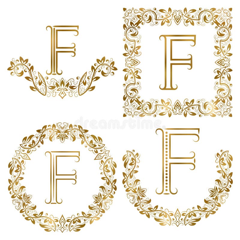 Conjunto De Monogramas Ornamentales Dorados Símbolos Heráldicos En