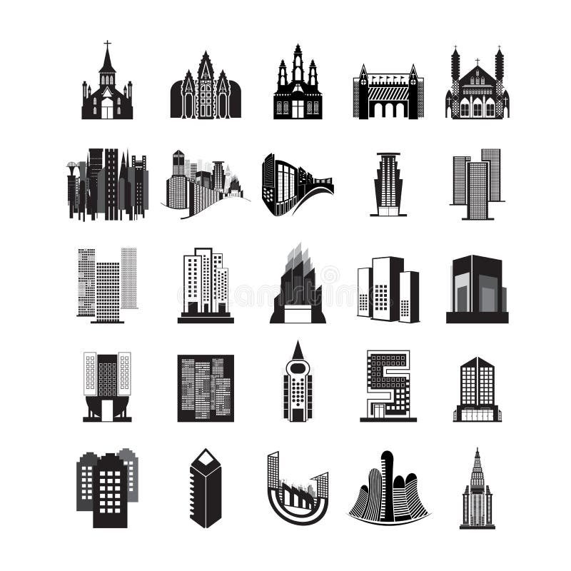 Conjunto Del Vector De Varios Edificios En El Fondo Blanco Ilustración ...